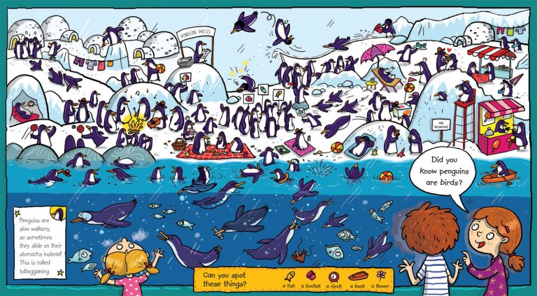 spot-the-penguin-spread - Banana Bear Books Design and Illustration